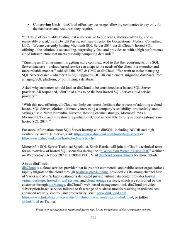 Din cloud launched hosted sql server dinsql | PDF