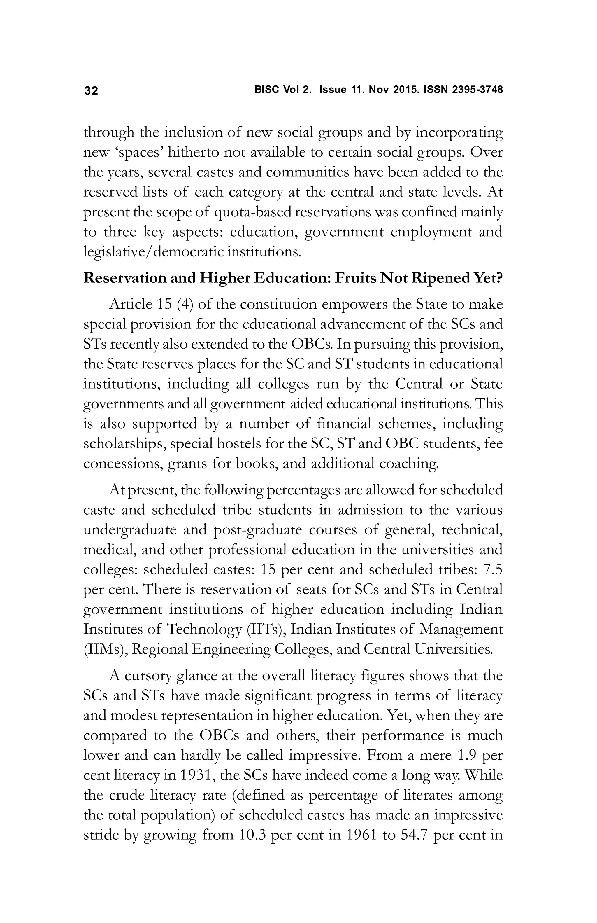 RESERVATION AND HIGHER EDUCATION IN INDIA: AN OVERVIEW | PDF