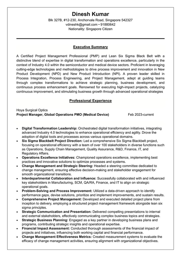 Dinesh Kumar: Experienced Medical Device Project Manager Resume | PDF ...
