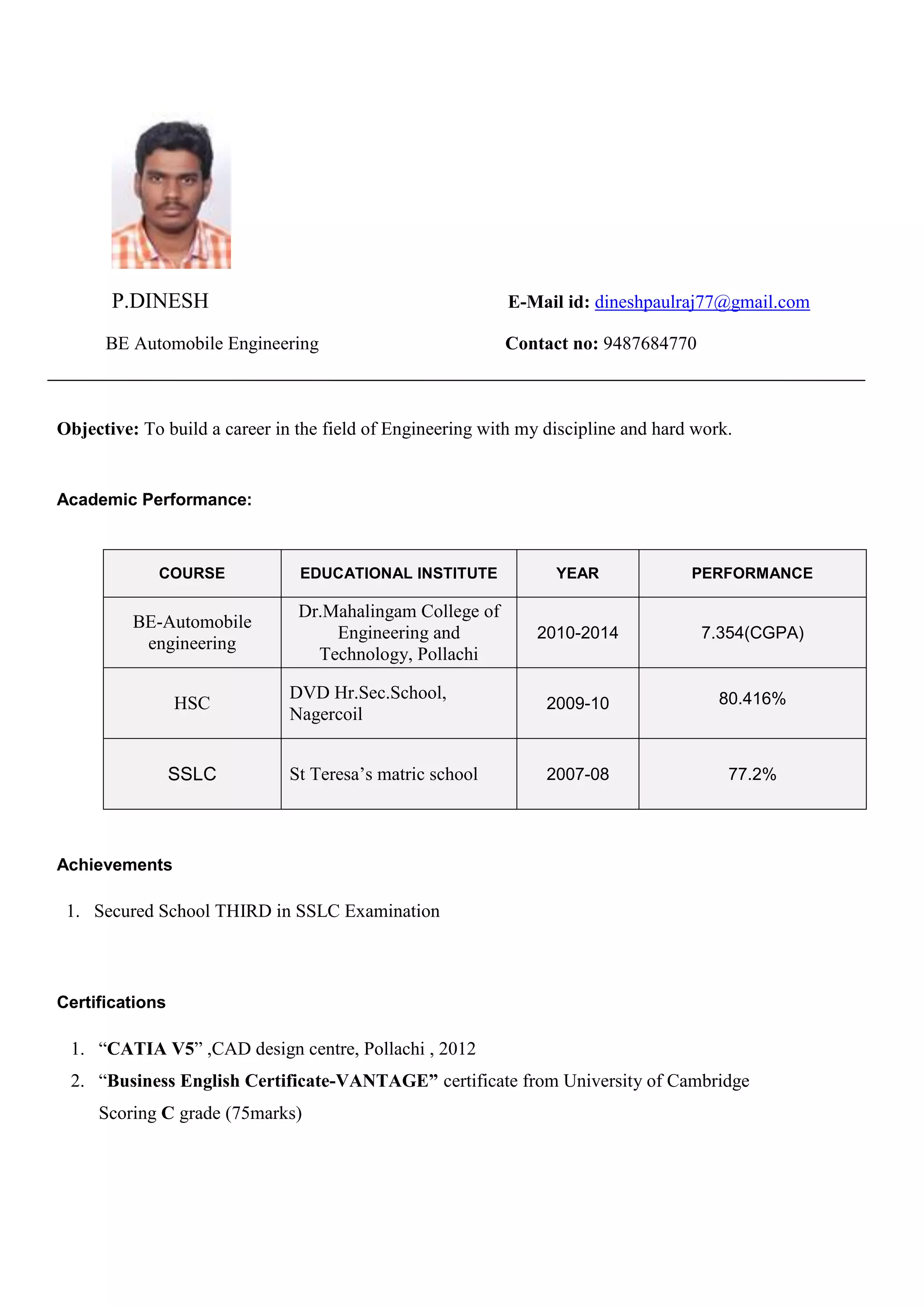 Dinesh P Resume | PDF | Education