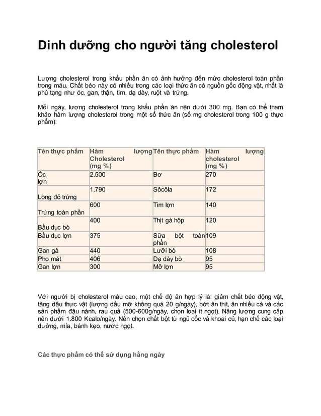 Dinh dưỡng cho người tăng cholesterol | PDF