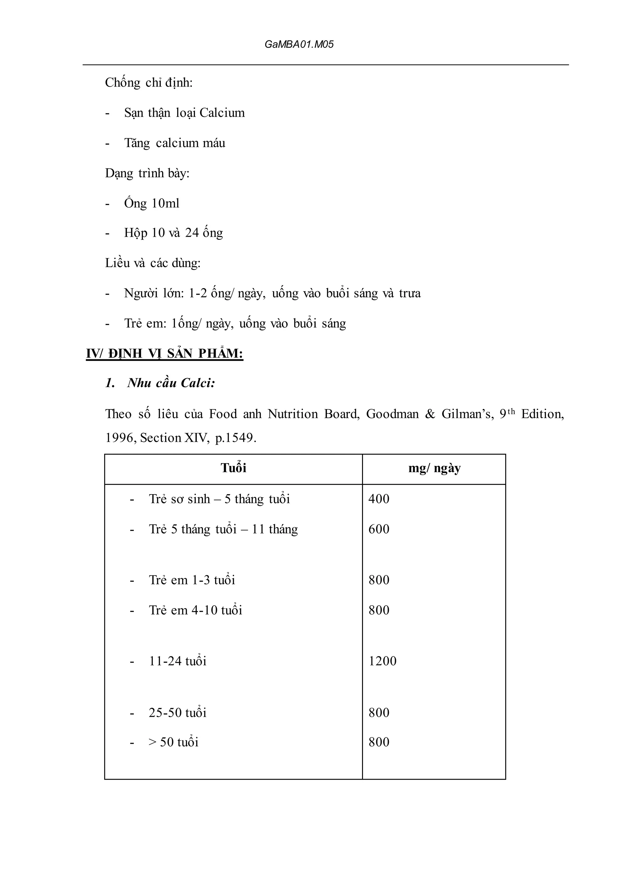 Định vị sản phẩm thuốc calcium corbiere | DOC