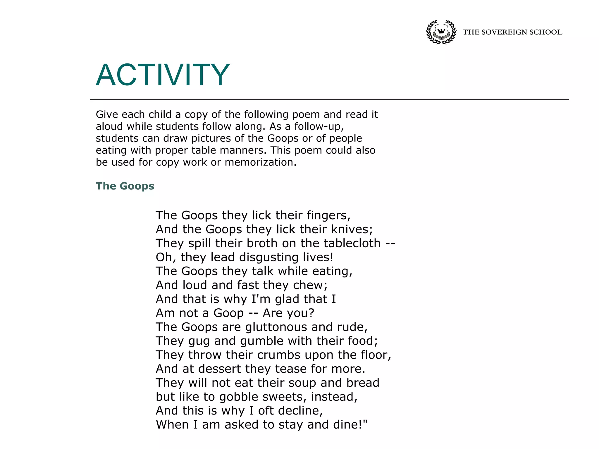 Dining Etiquettes - The Sovereign School, Rohini - Delhi | PPT