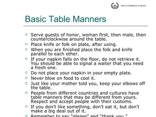 Dining Etiquettes - The Sovereign School, Rohini - Delhi | PPT