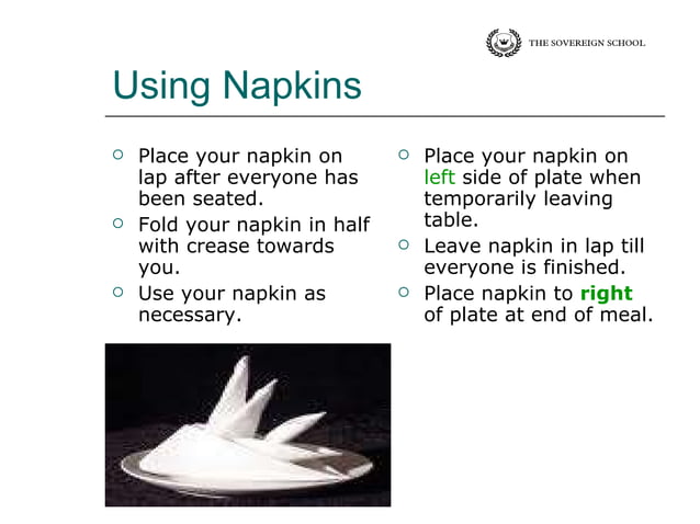 Dining Etiquettes - The Sovereign School, Rohini - Delhi | PPT