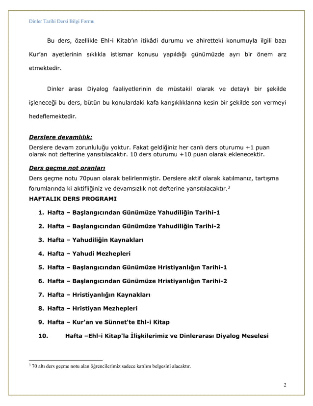 RUZEM- Dinler Tarihi Dersi - Ders Bilgi Formu | DOCX