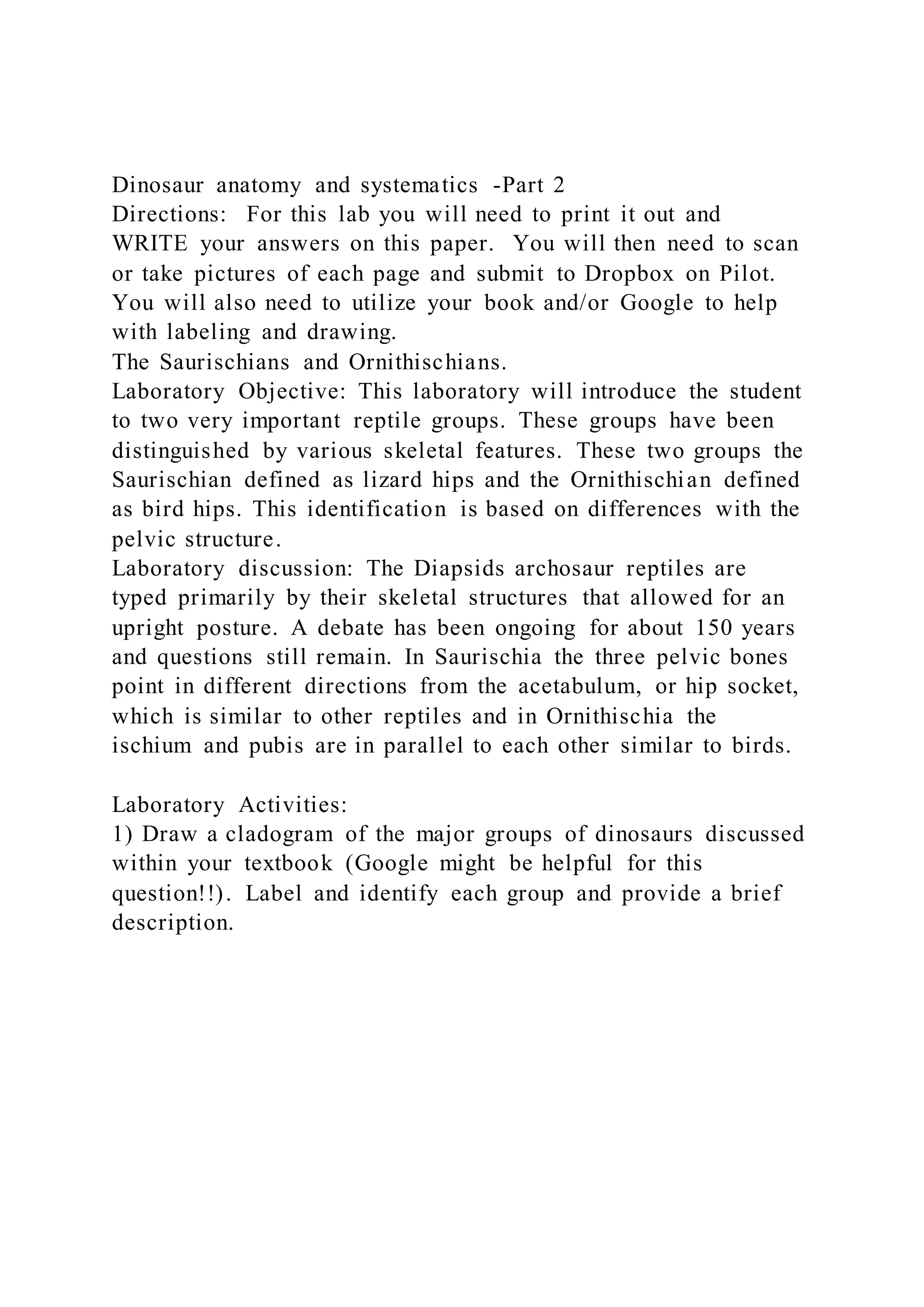 Dinosaur anatomy and systematics -Part 2Directions For this la | DOCX