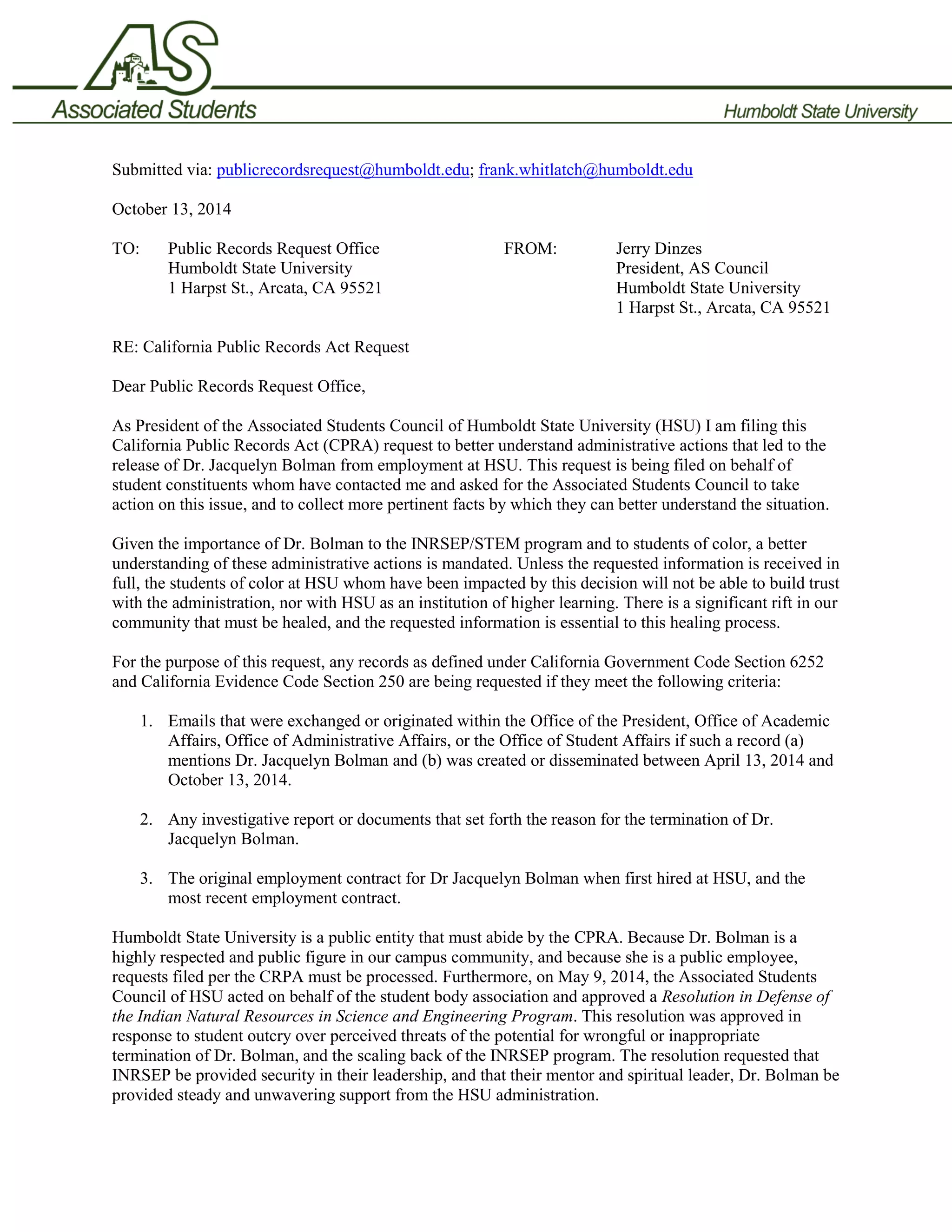 Jerry Dinzes - Public Records Request for Employee Records | PDF