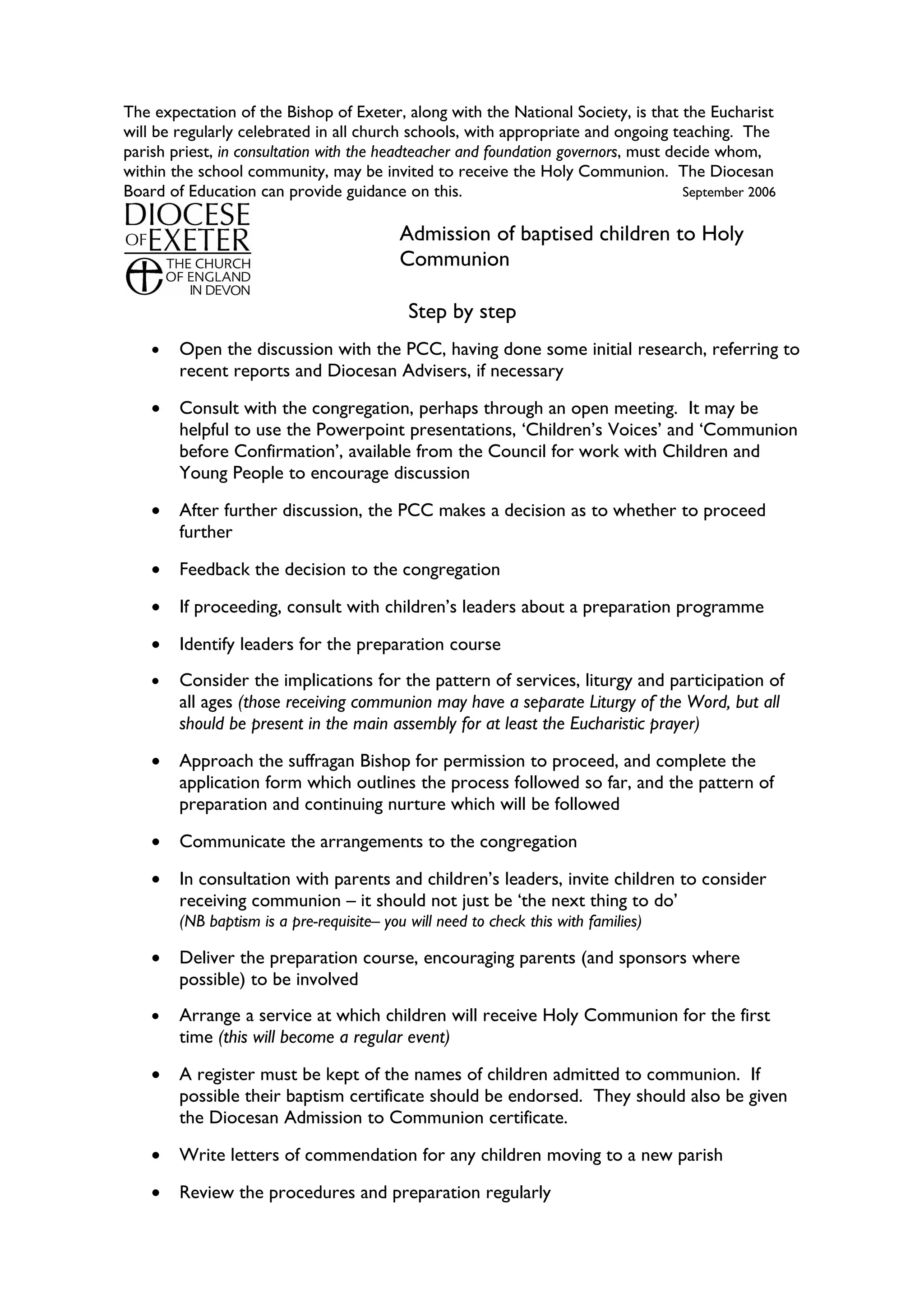 Diocese of Exeter Guidelines on Communion before confirmation | DOC