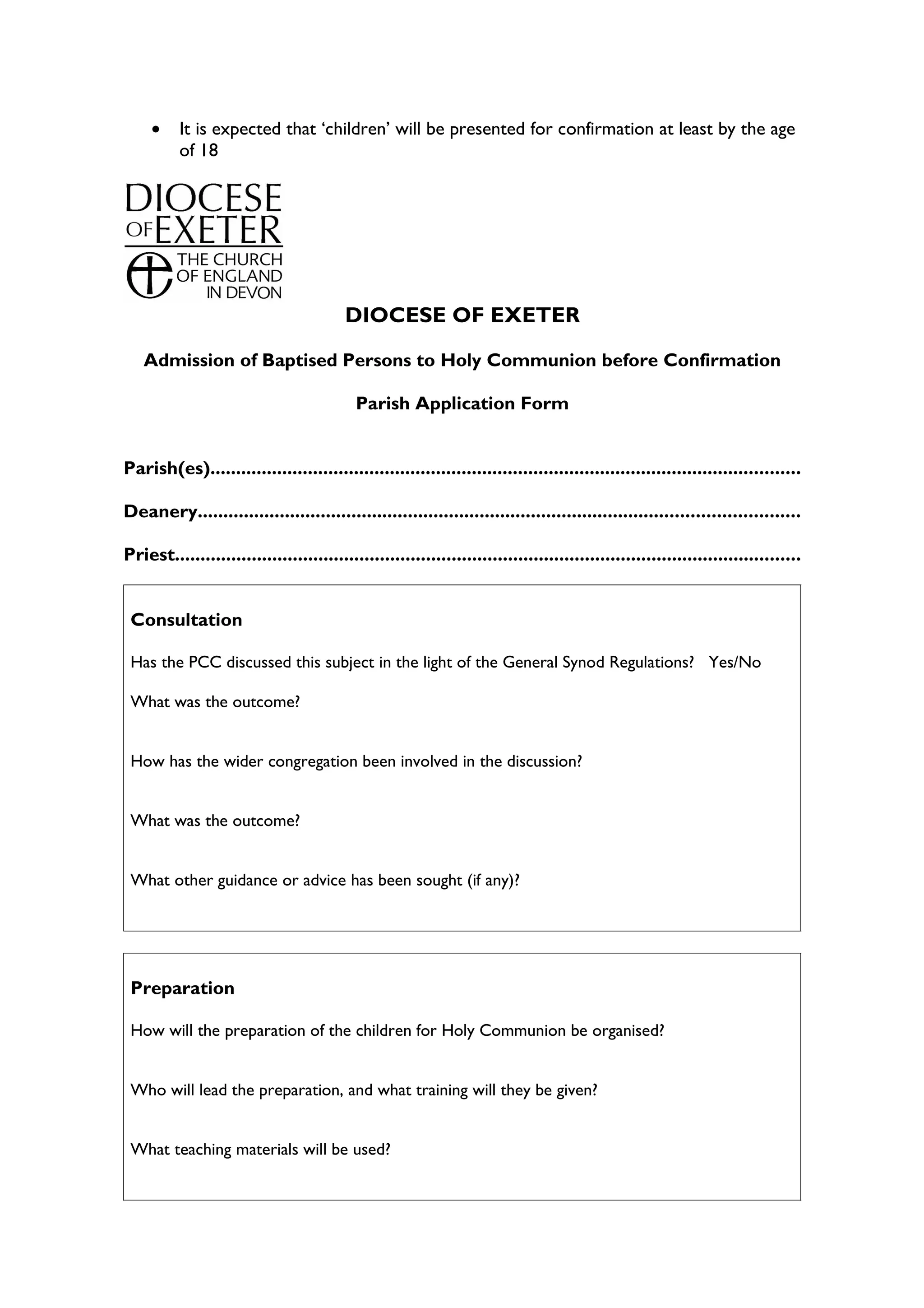 Diocese of Exeter Guidelines on Communion before confirmation | DOC
