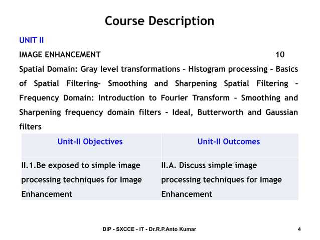 Digital Image Processing - Course Description | PPTX