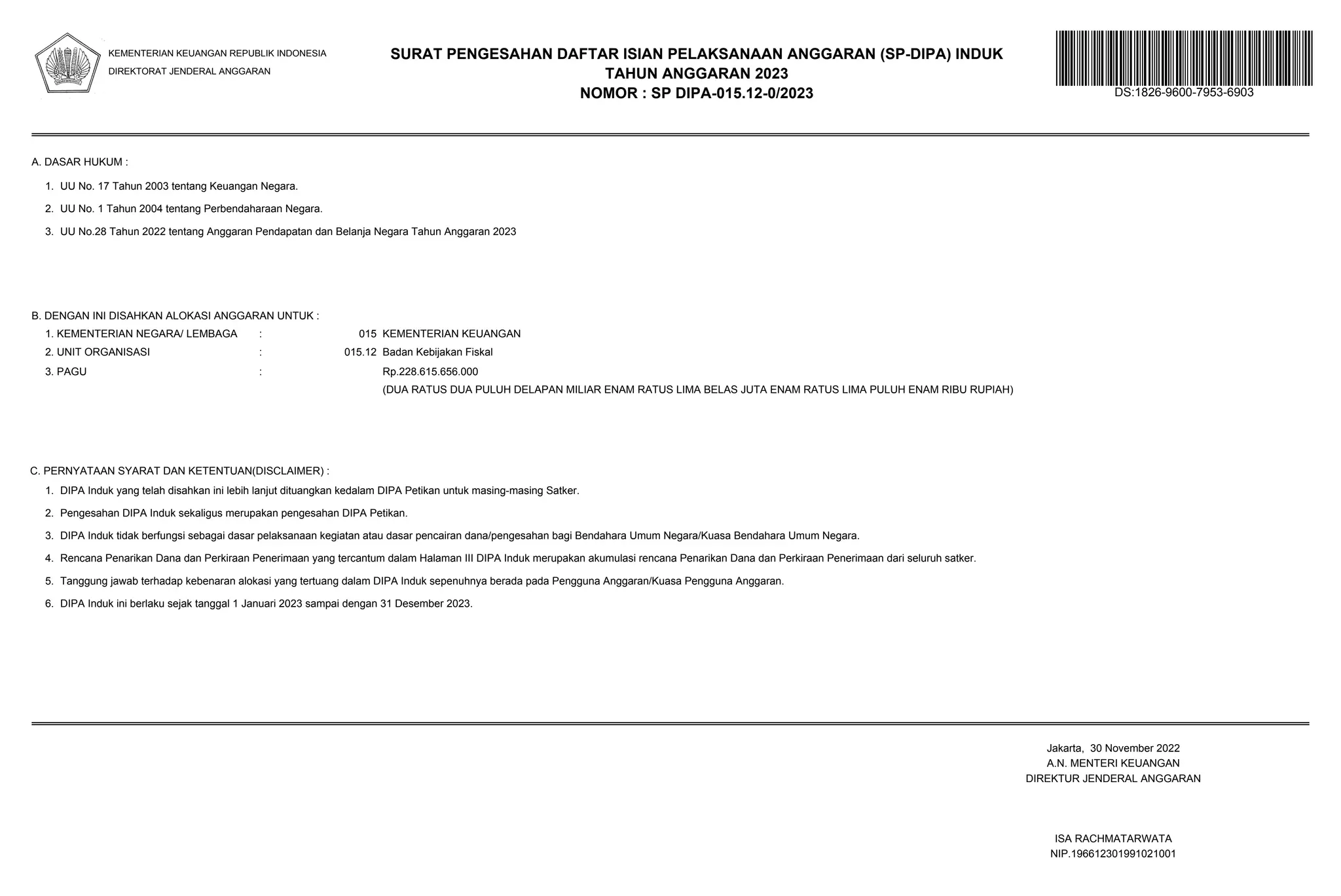 DIPA-Induk-BKF-2023 RI Tahun 2023 dan 2024 | PDF