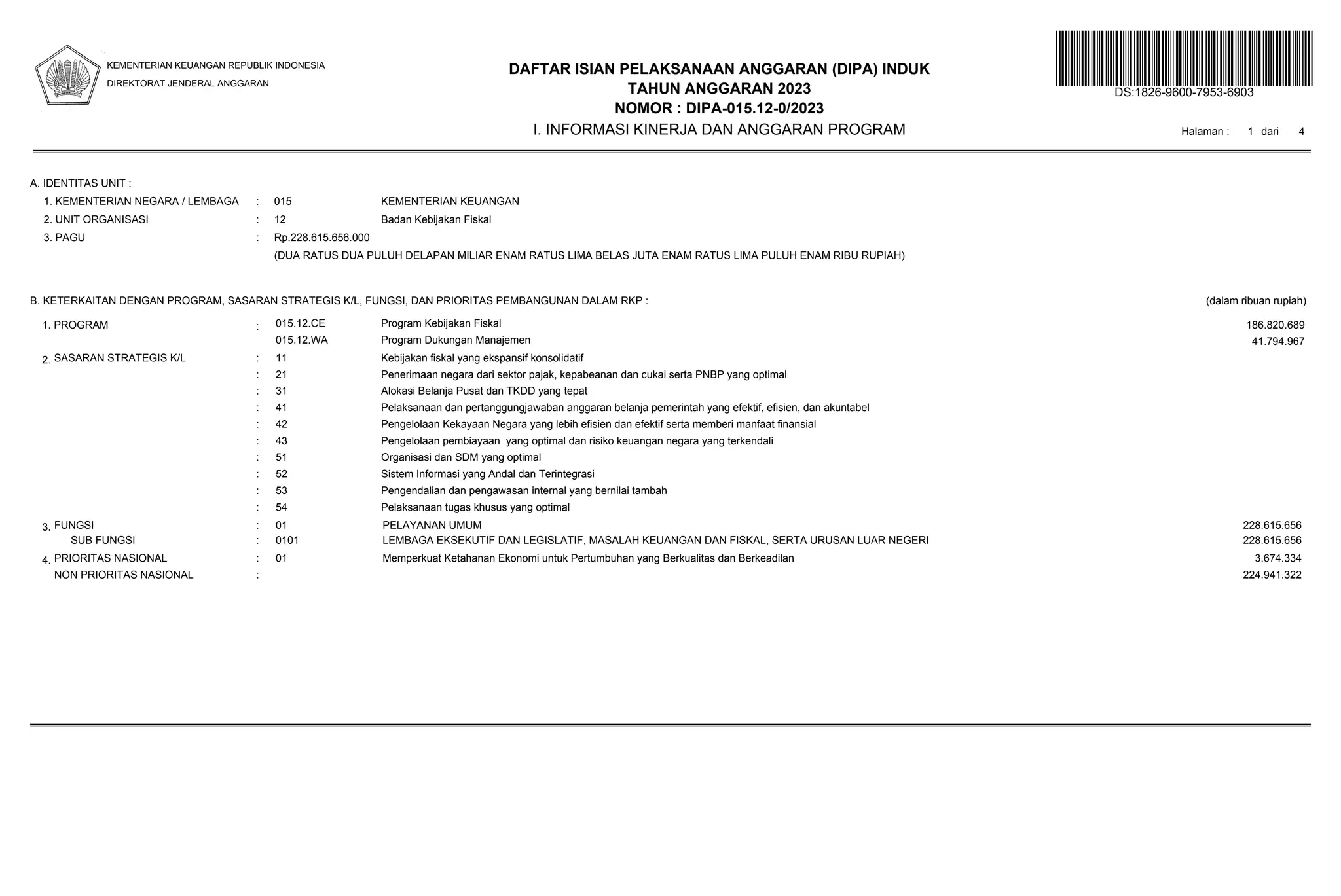 DIPA-Induk-BKF-2023 RI Tahun 2023 dan 2024 | PDF