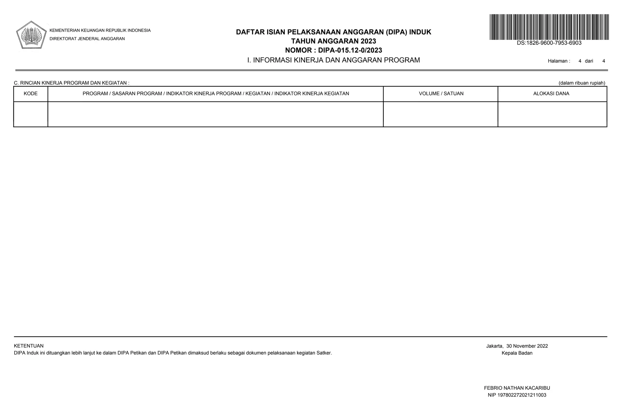 DIPA-Induk-BKF-2023 RI Tahun 2023 dan 2024 | PDF