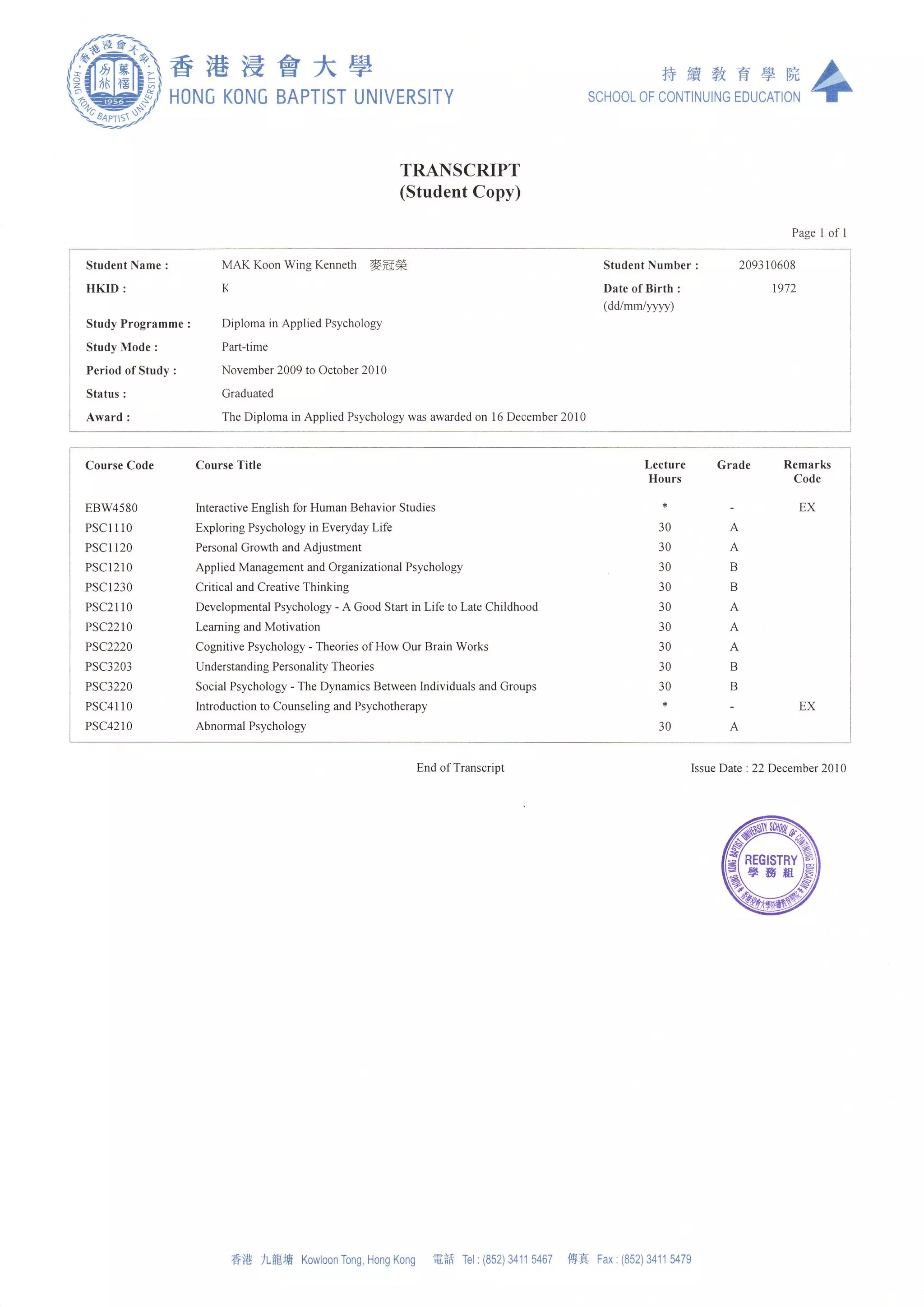 Dip(app psy) transcript (masked) | PDF