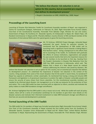 Dipecho v aan drr tool kit launching brief report | PDF