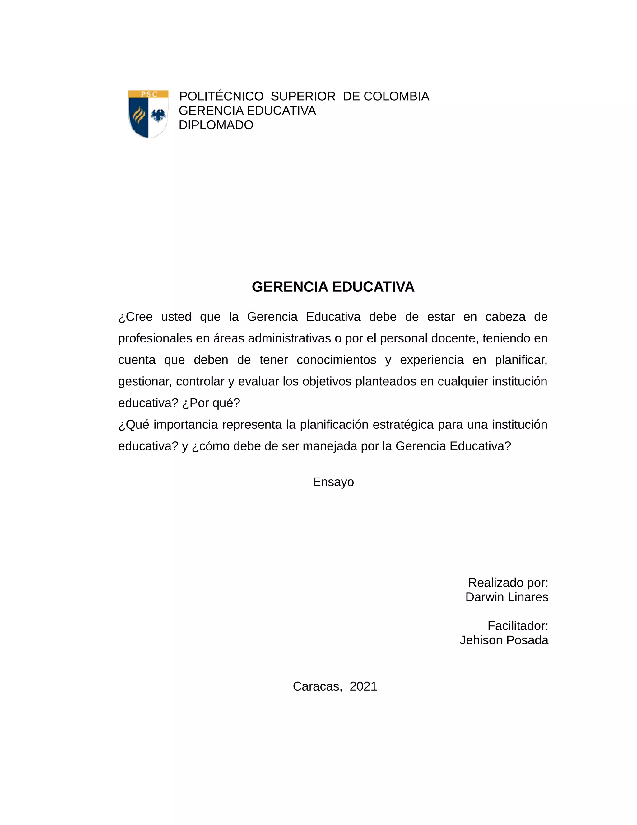 Diplomado gerencia educativa_ensayo_2021_darwin _linares | PDF