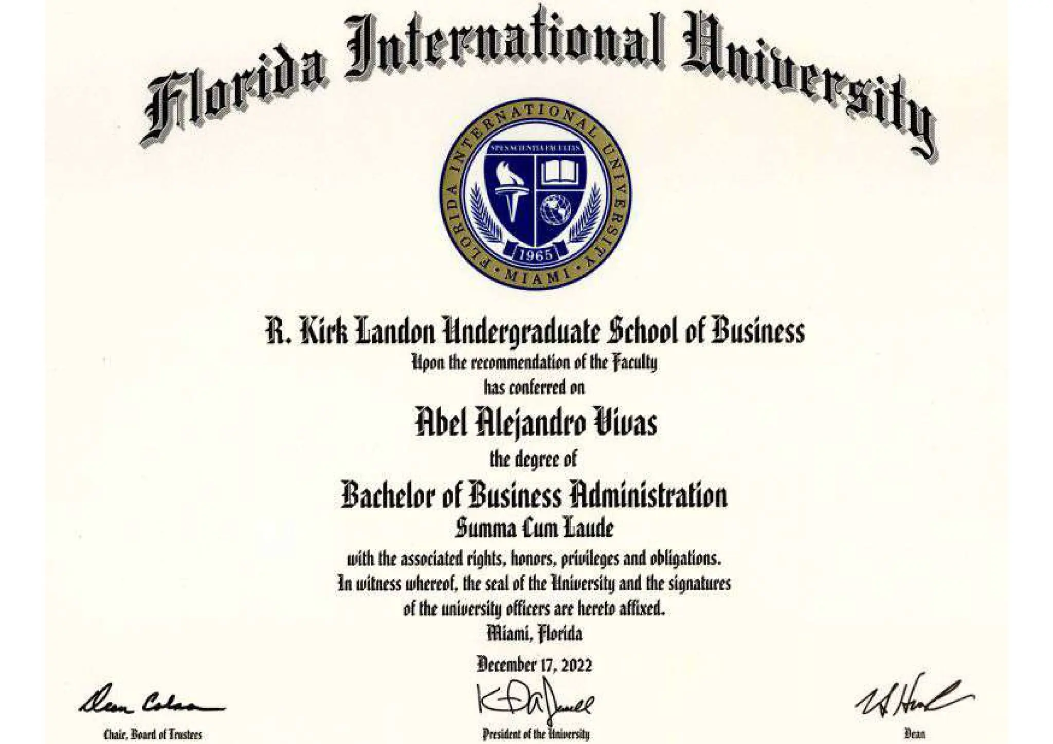 Diploma Businnes Administratio del FIU miami florida 2000 | PDF