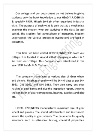 INDUSTRIAL VISIT REPORT HI-TECH ENGINERRS | PDF