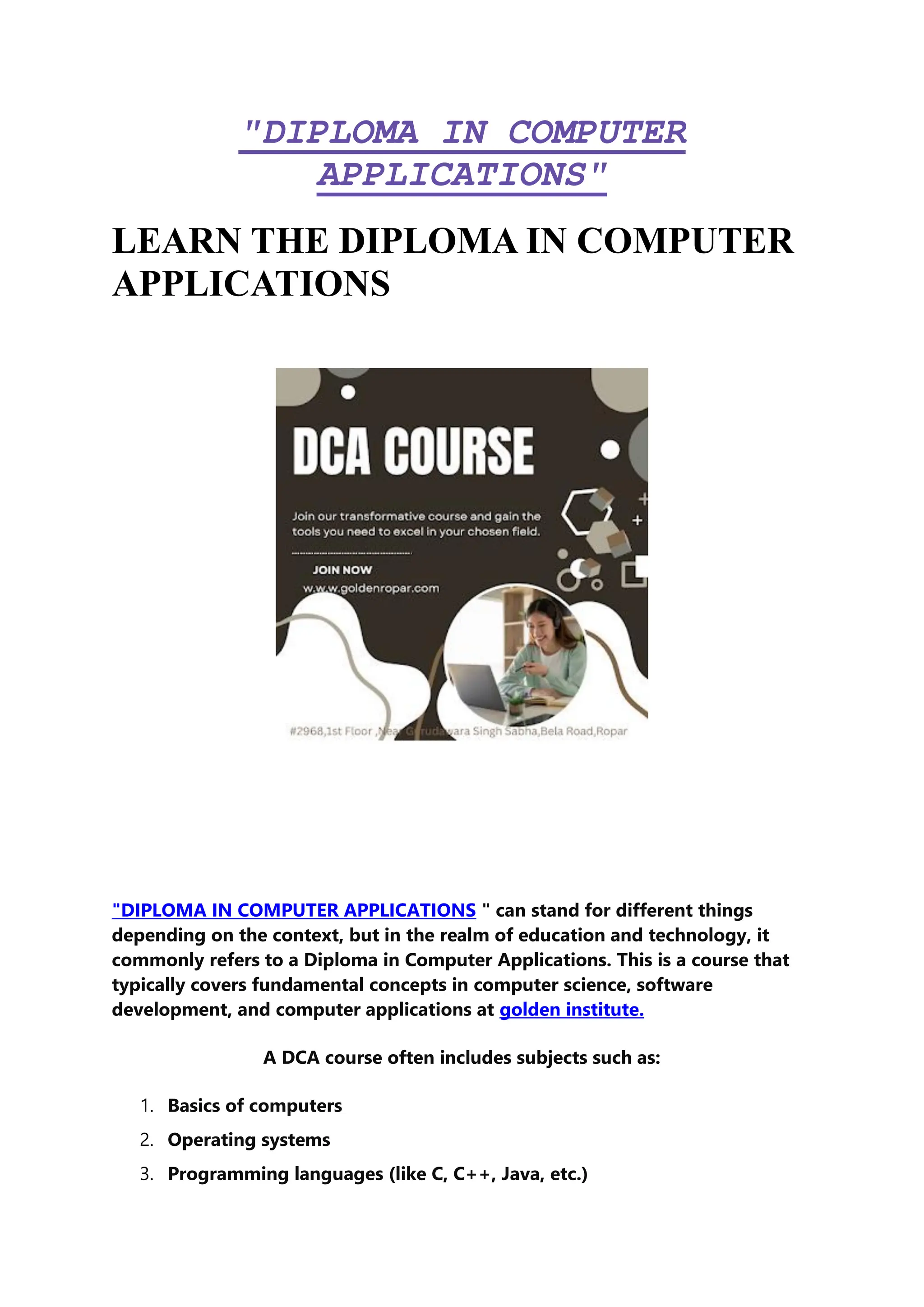 JION DIPLOMA IN COMPUTER APPLICATION COURSES | PDF | Programming Languages | Computing