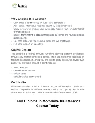 Diploma in motorbike maintenance course | DOCX