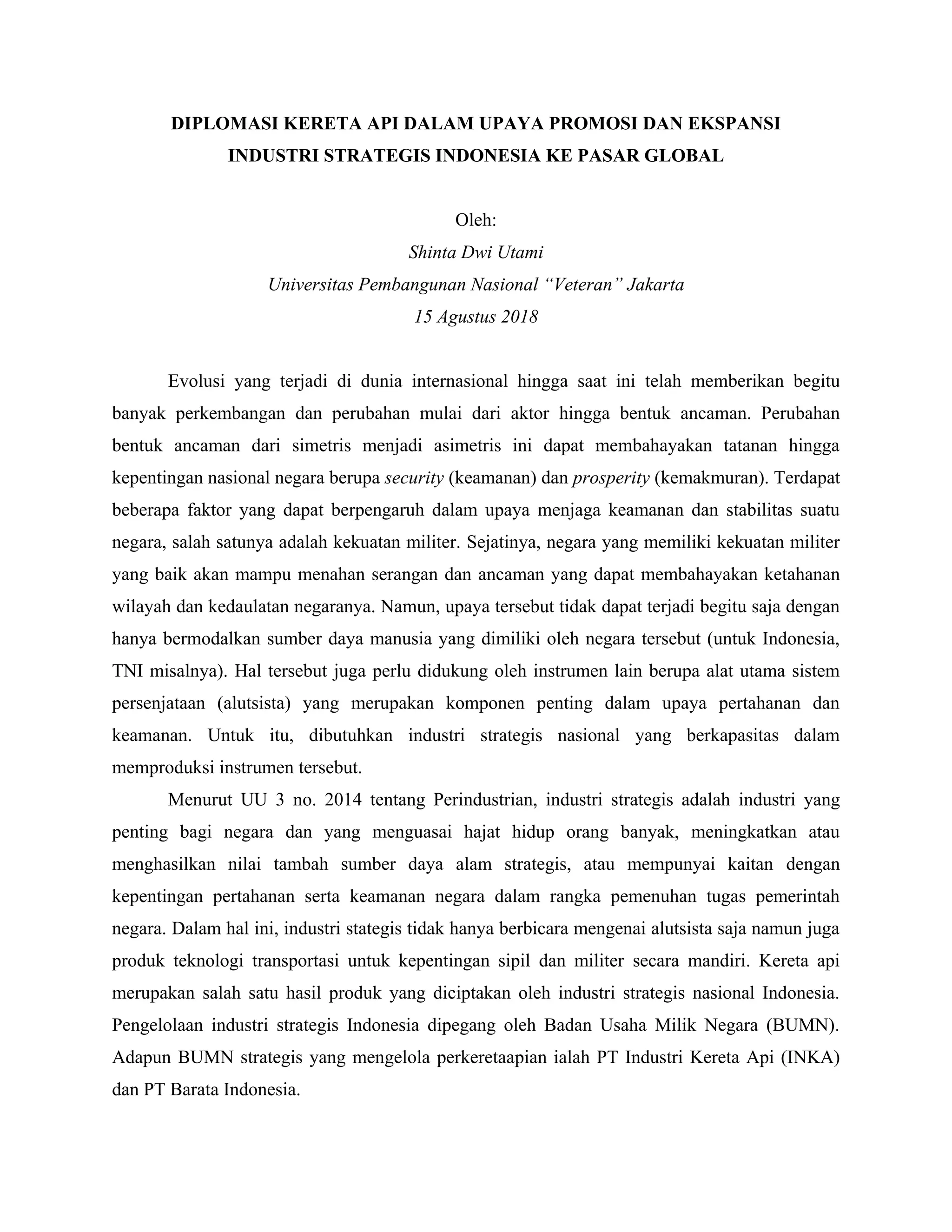 DIPLOMASI KERETA API DALAM UPAYA PROMOSI DAN EKSPANSI INDUSTRI ...