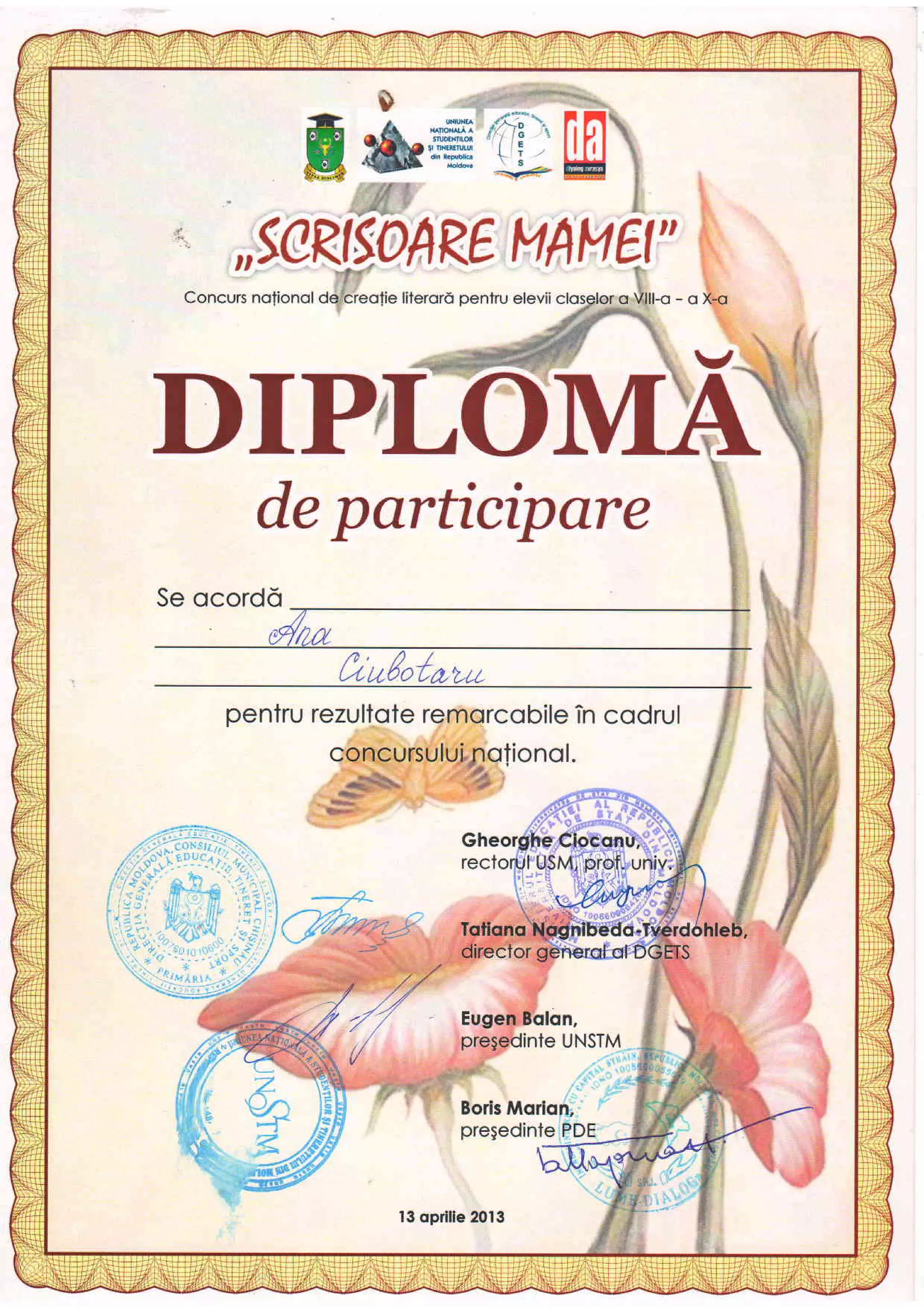 Diplomâ de participare la concursul national scrisoare mamei, Ana ...