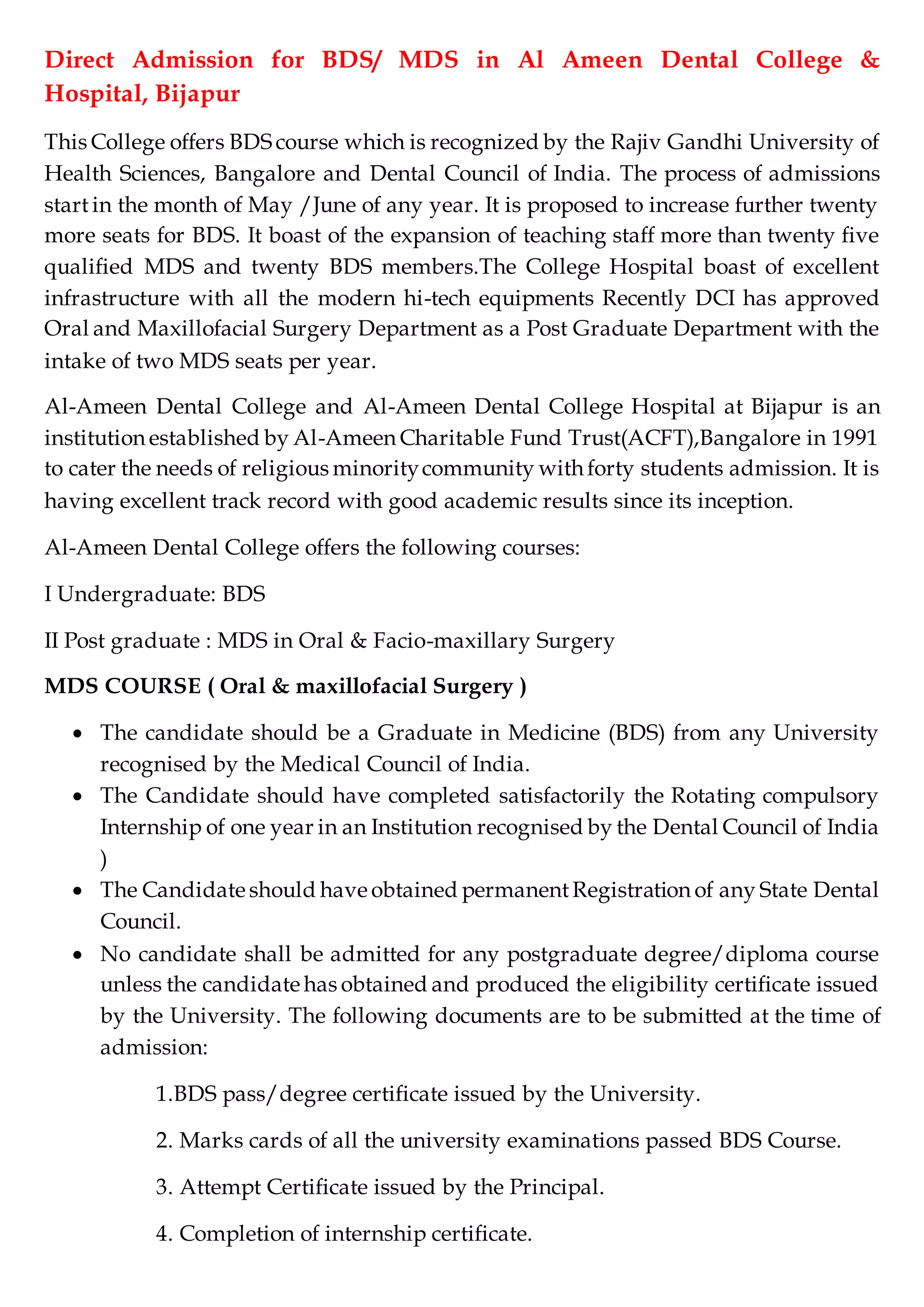 Direct admission for bds mds in al ameen dental college & hospital ...