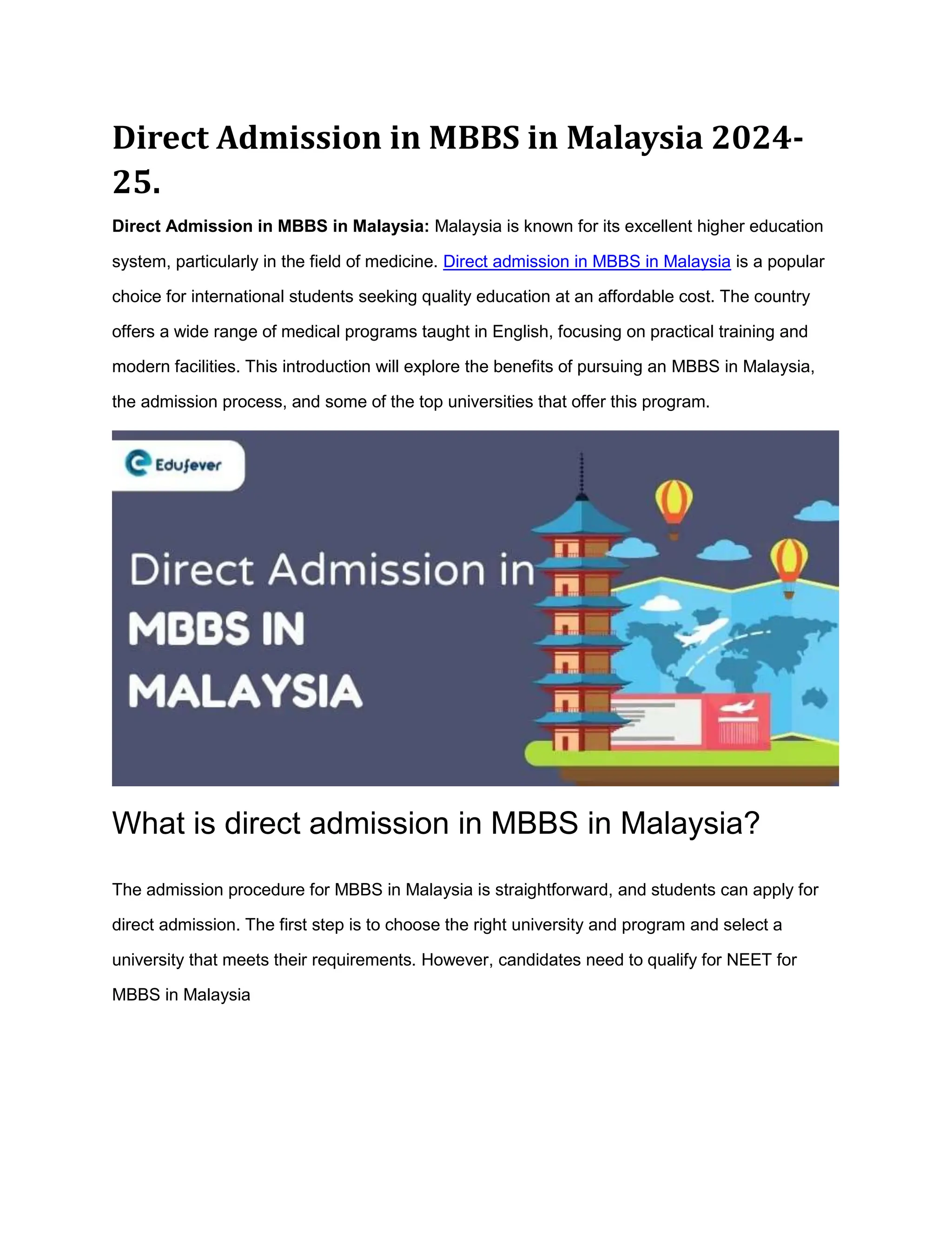 Direct Admission in MBBS in Malaysia 2024-25. | PDF