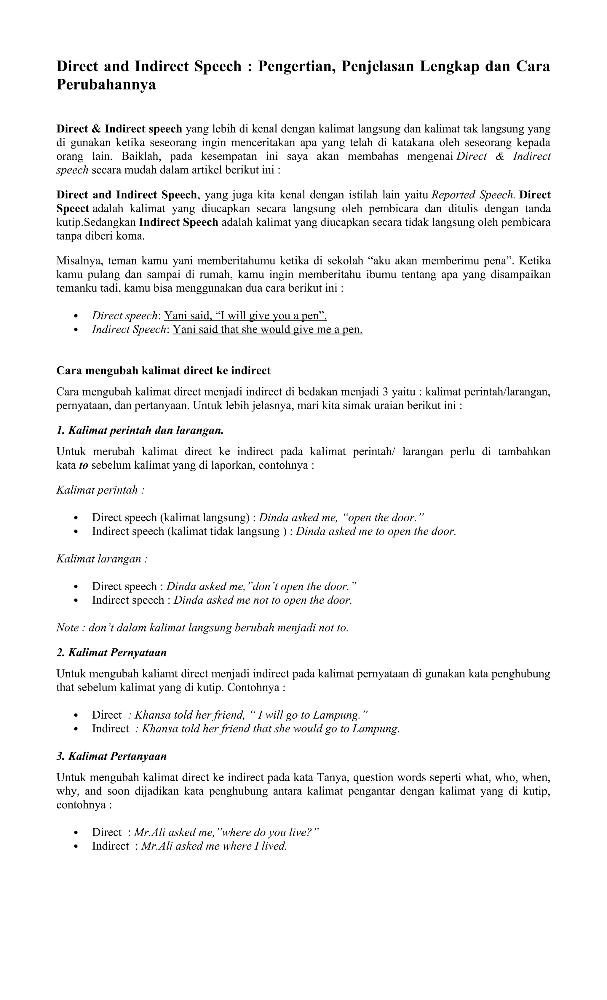 Direct and Indirect Speech materi ini tentang percakapan langsung dan ...