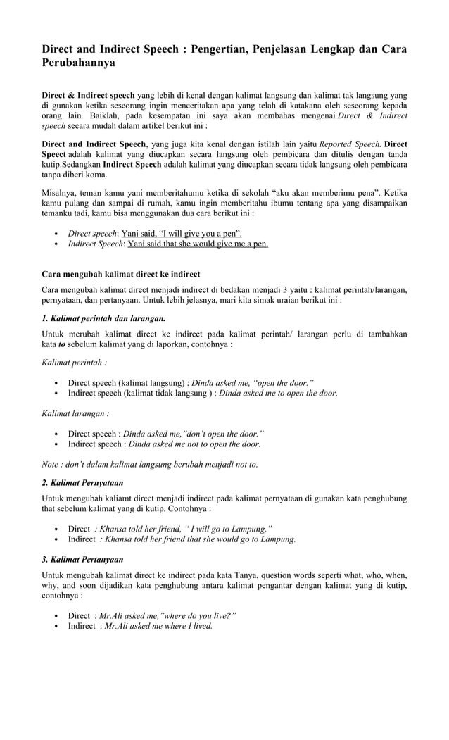 Direct and Indirect Speech materi ini tentang percakapan langsung dan ... Direct and Indirect Speech materi ini tentang percakapan langsung dan ...