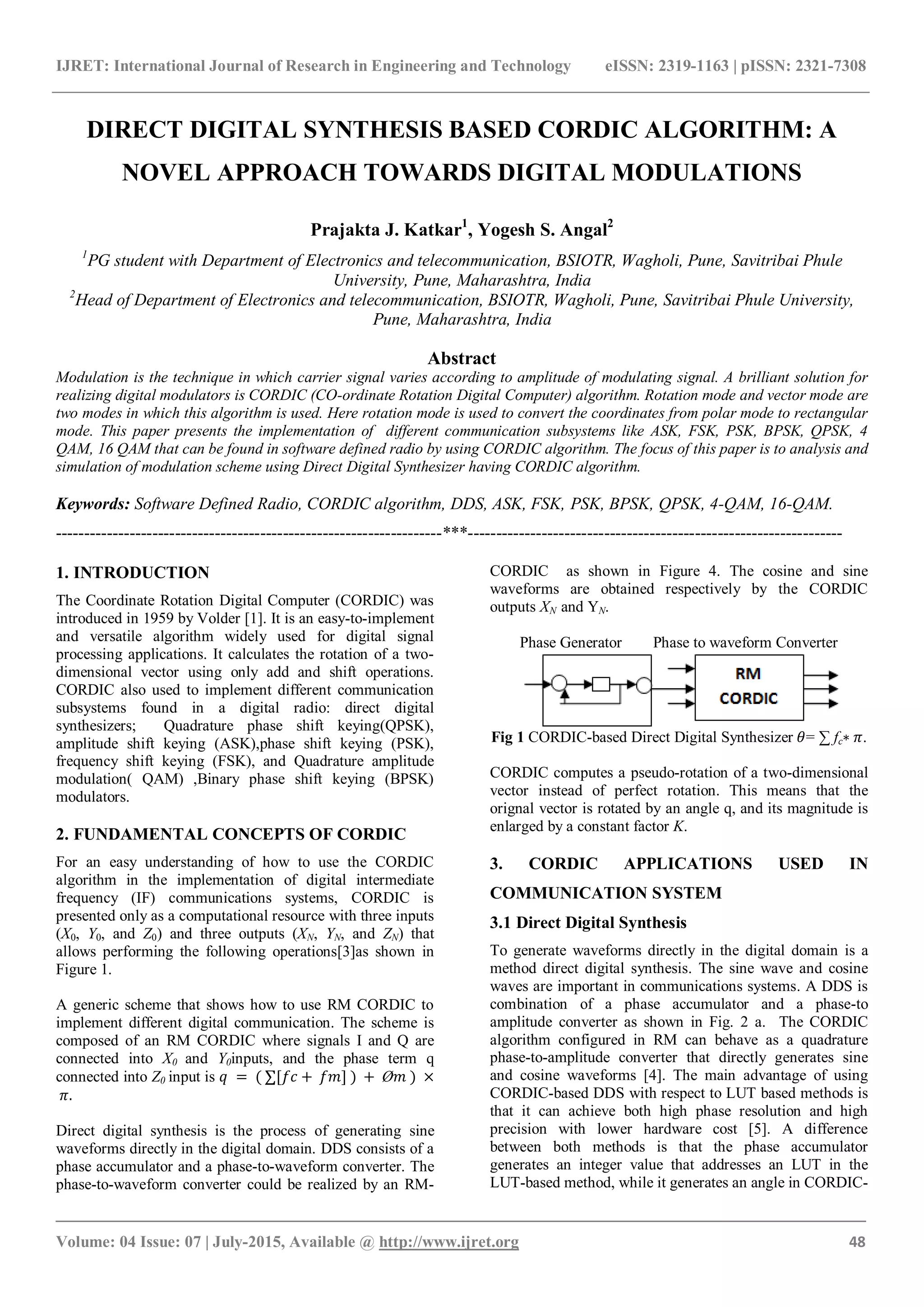 Direct Digital Synthesis Based Cordic Algorithm A Novel Approach