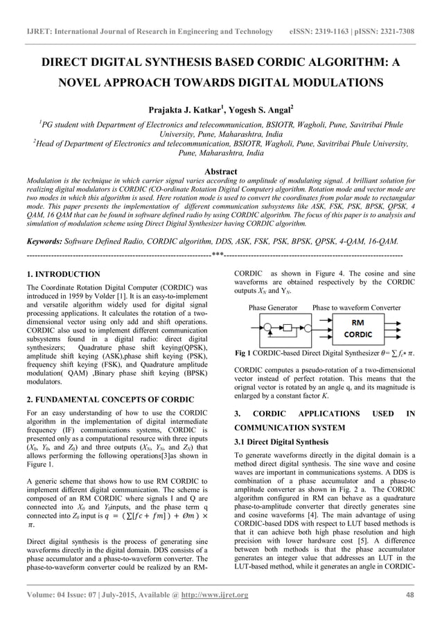 Direct digital synthesis based cordic algorithm a novel approach towards digital modulations ...