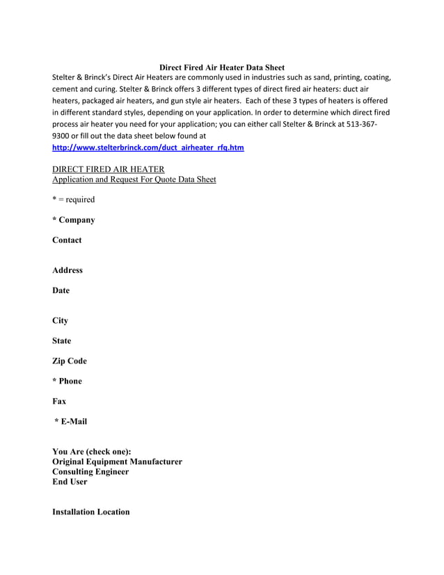 Direct fired air heater data sheet | PDF | Home Appliances | Home & Garden
