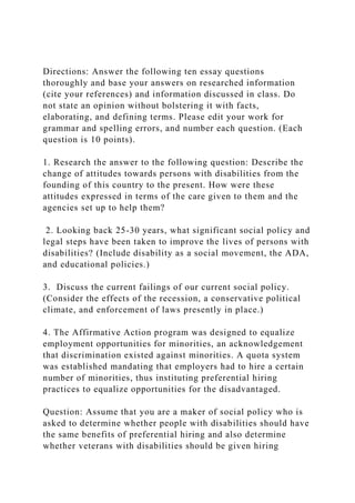 Directions Answer the following ten essay questions thoroughly an.docx