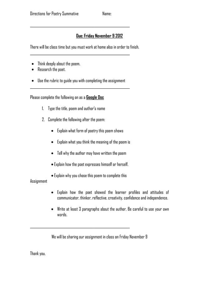 Directions for poetry summative | PDF