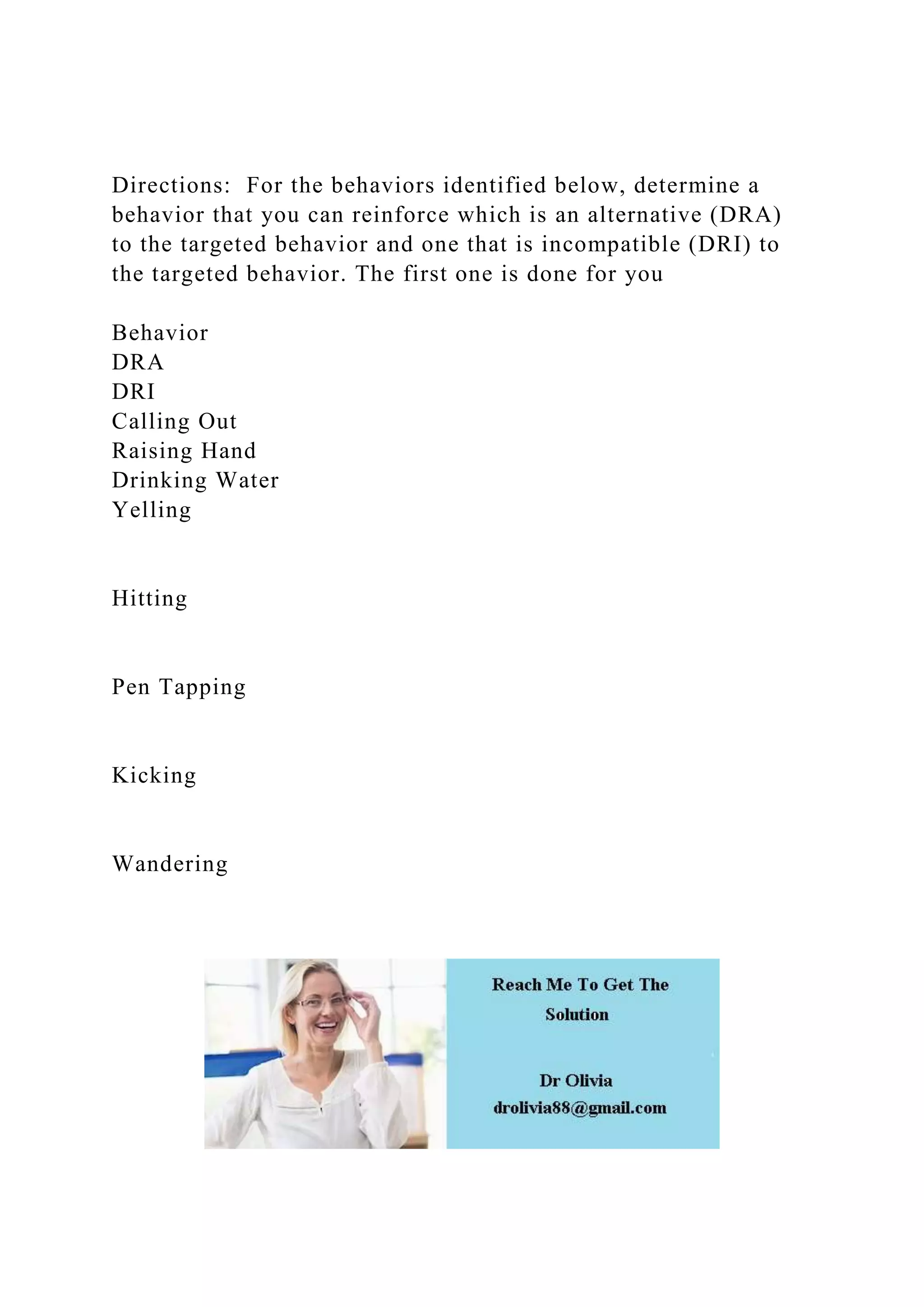 Directions For the behaviors identified below, determine a behav.docx