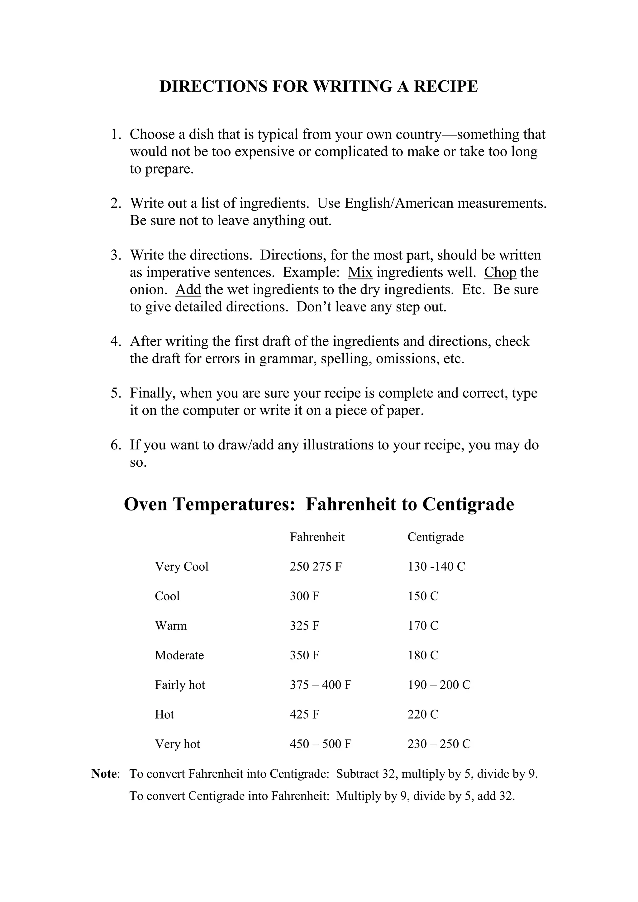 Directions for writing a recipe | DOCX