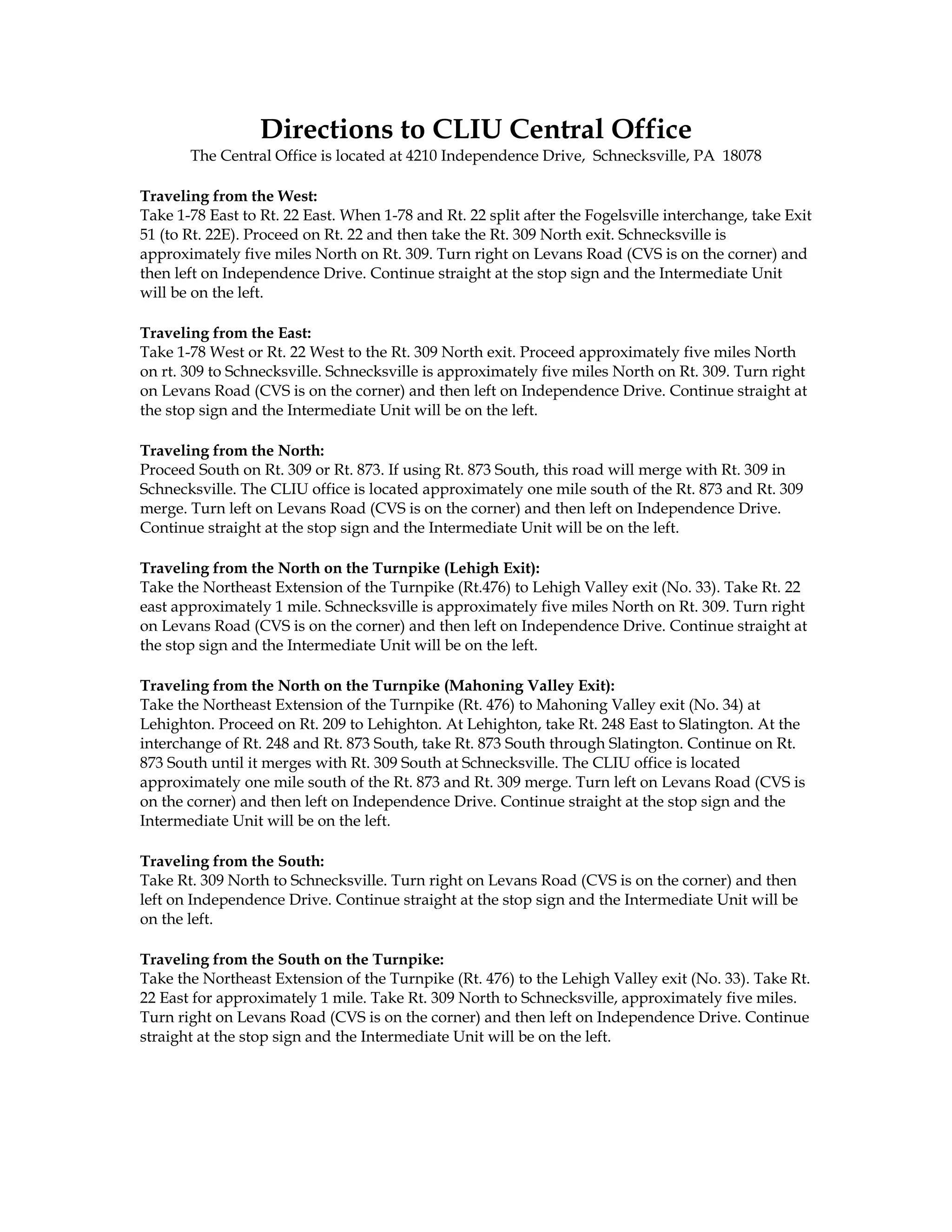 Directions to cliu | PDF