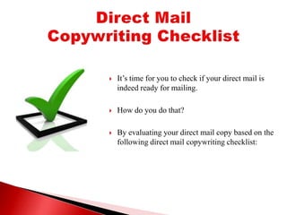 Direct Mail Copywriting Checklist | PPTX | Email | Internet