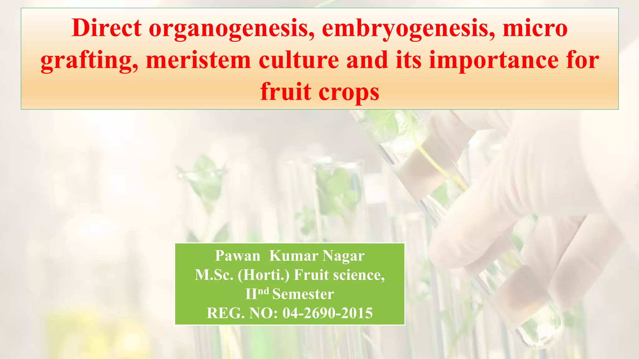 Direct organogenesis, embryogenesis, micro grafting, meristem culture ...