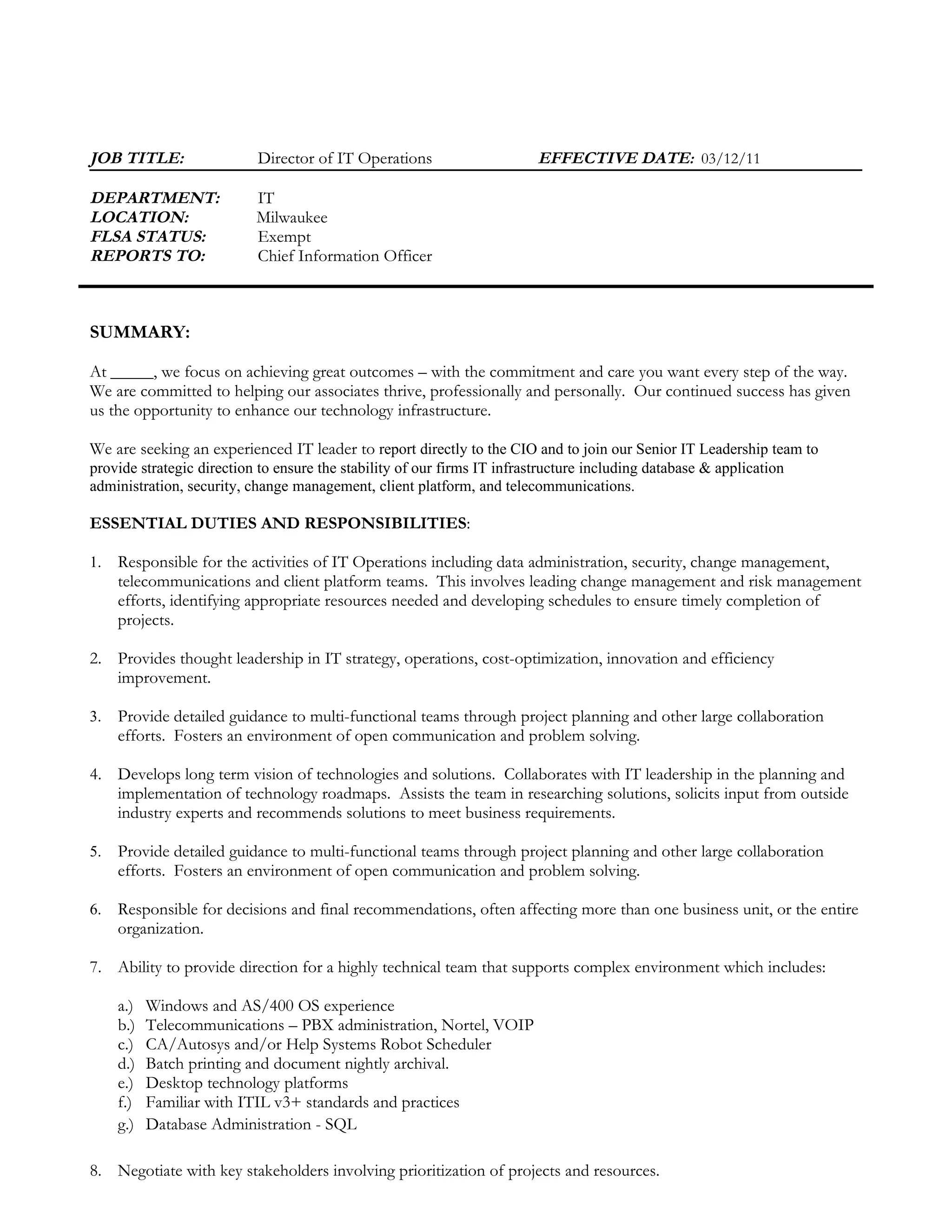 Director of it operations job description revised | DOC