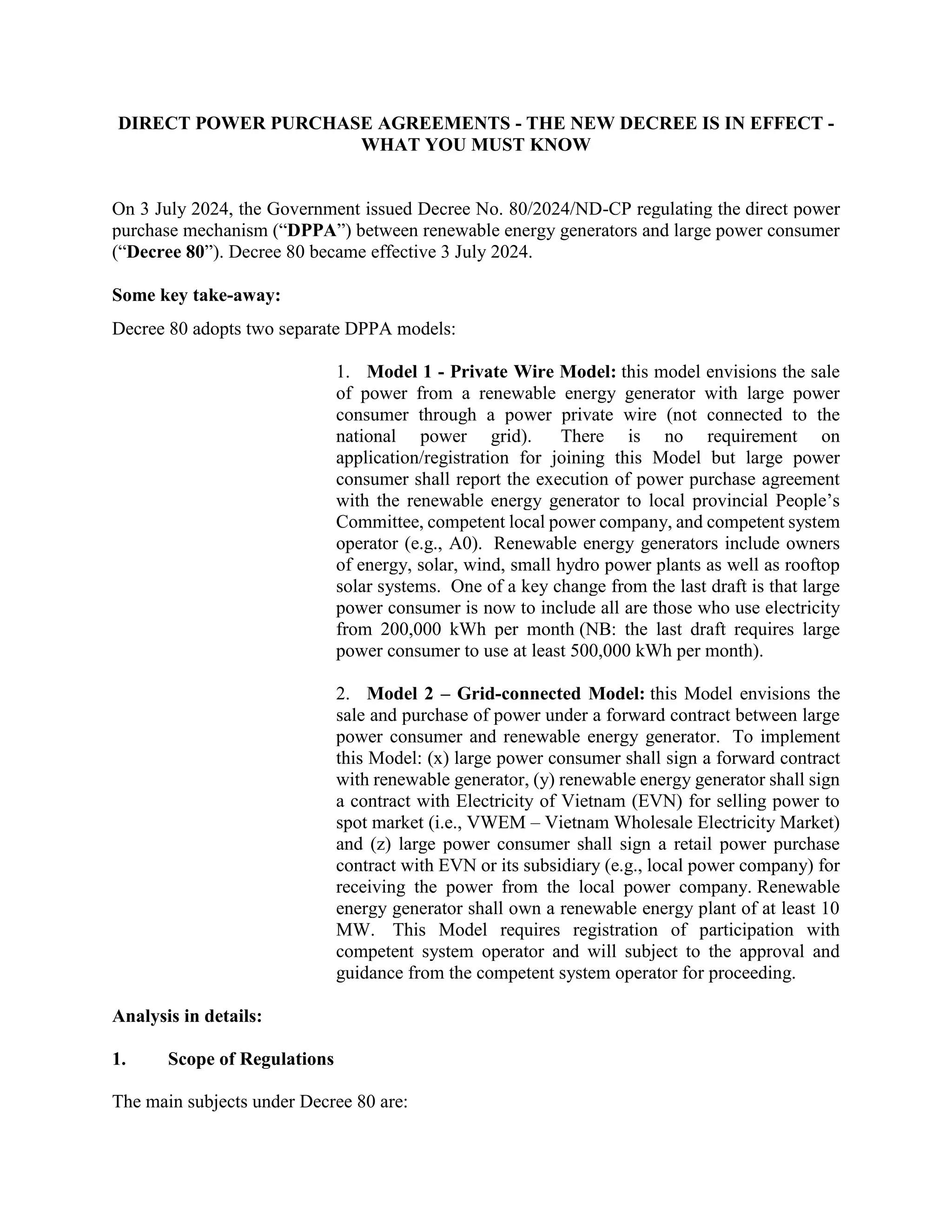 DIRECT POWER PURCHASE AGREEMENTS - THE NEW DECREE IS IN EFFECT - WHAT ...