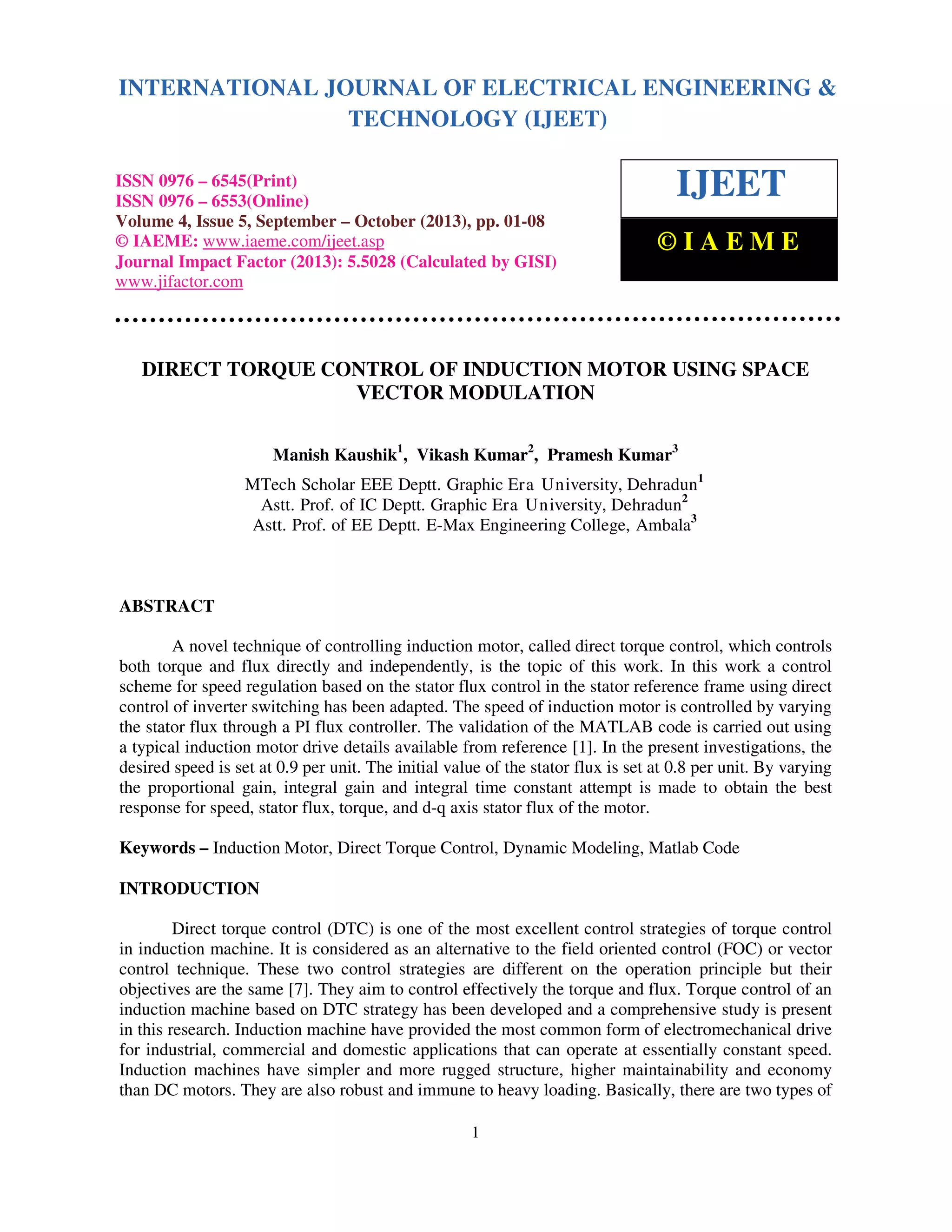 Direct Torque Control Of Induction Motor Using Space Vector Modulation