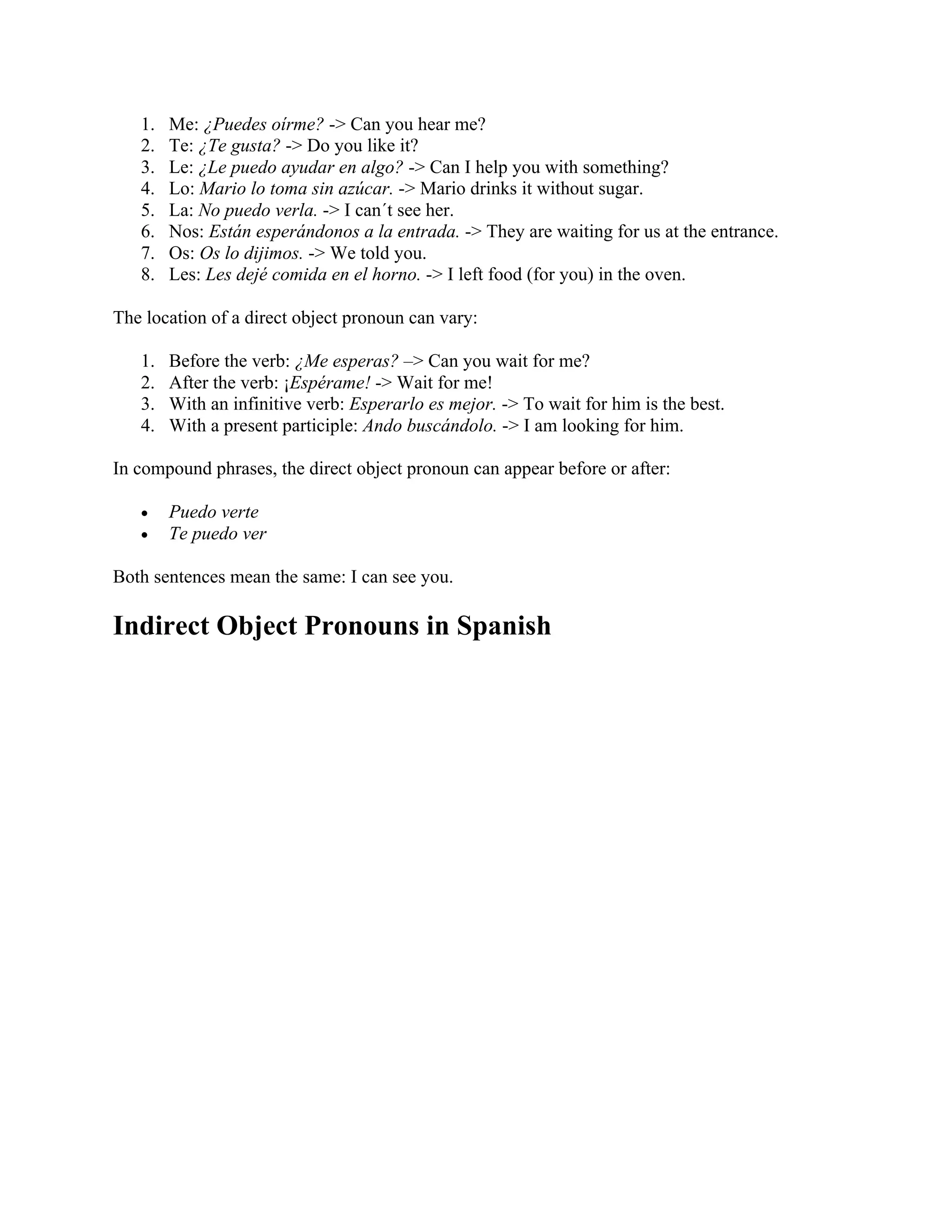 Direct vs Indirect Object Pronouns in Spanish | PDF