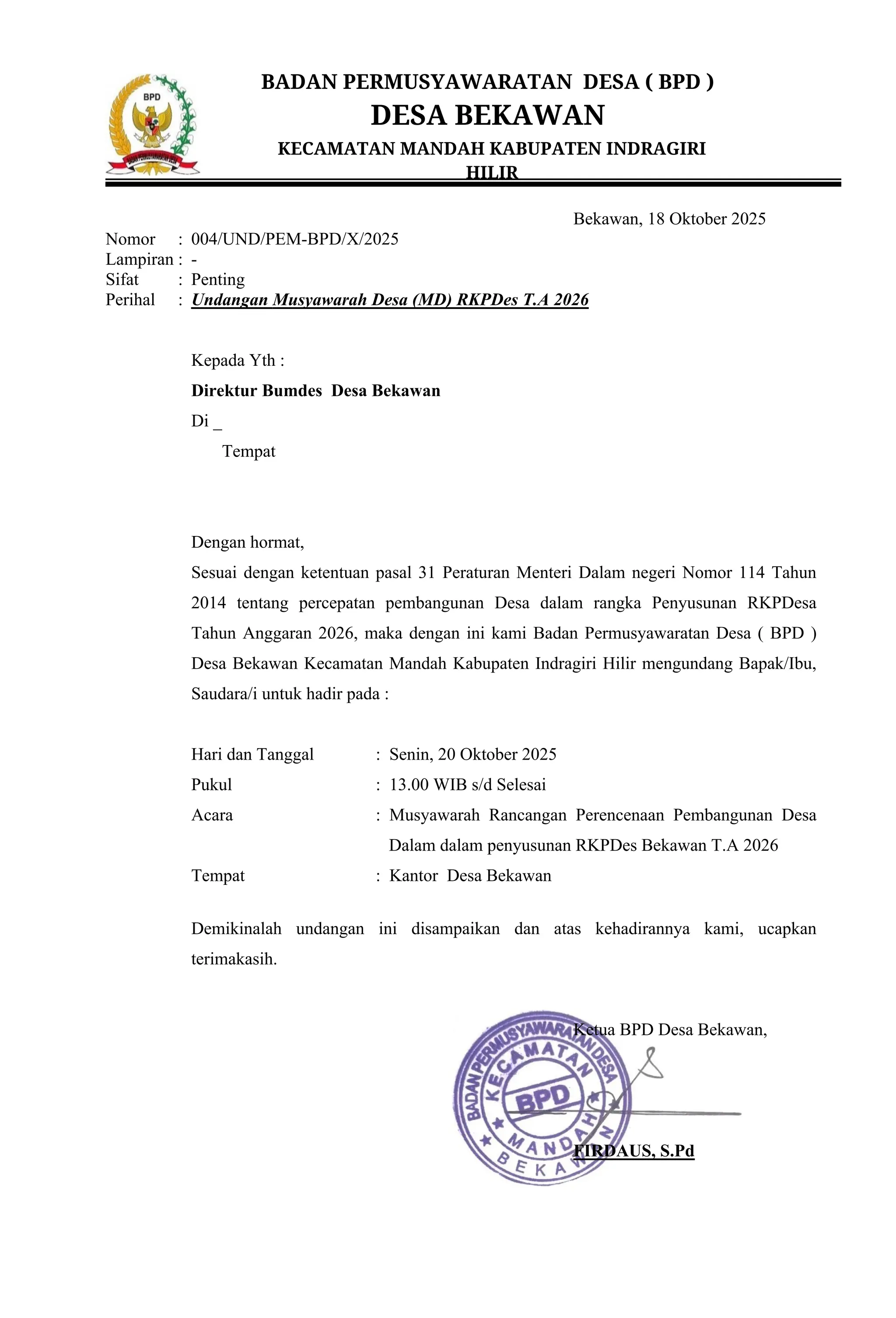 Contoh Undangan RKP desa untuk Direktur Bumdes Desa Bekawan.pdf
