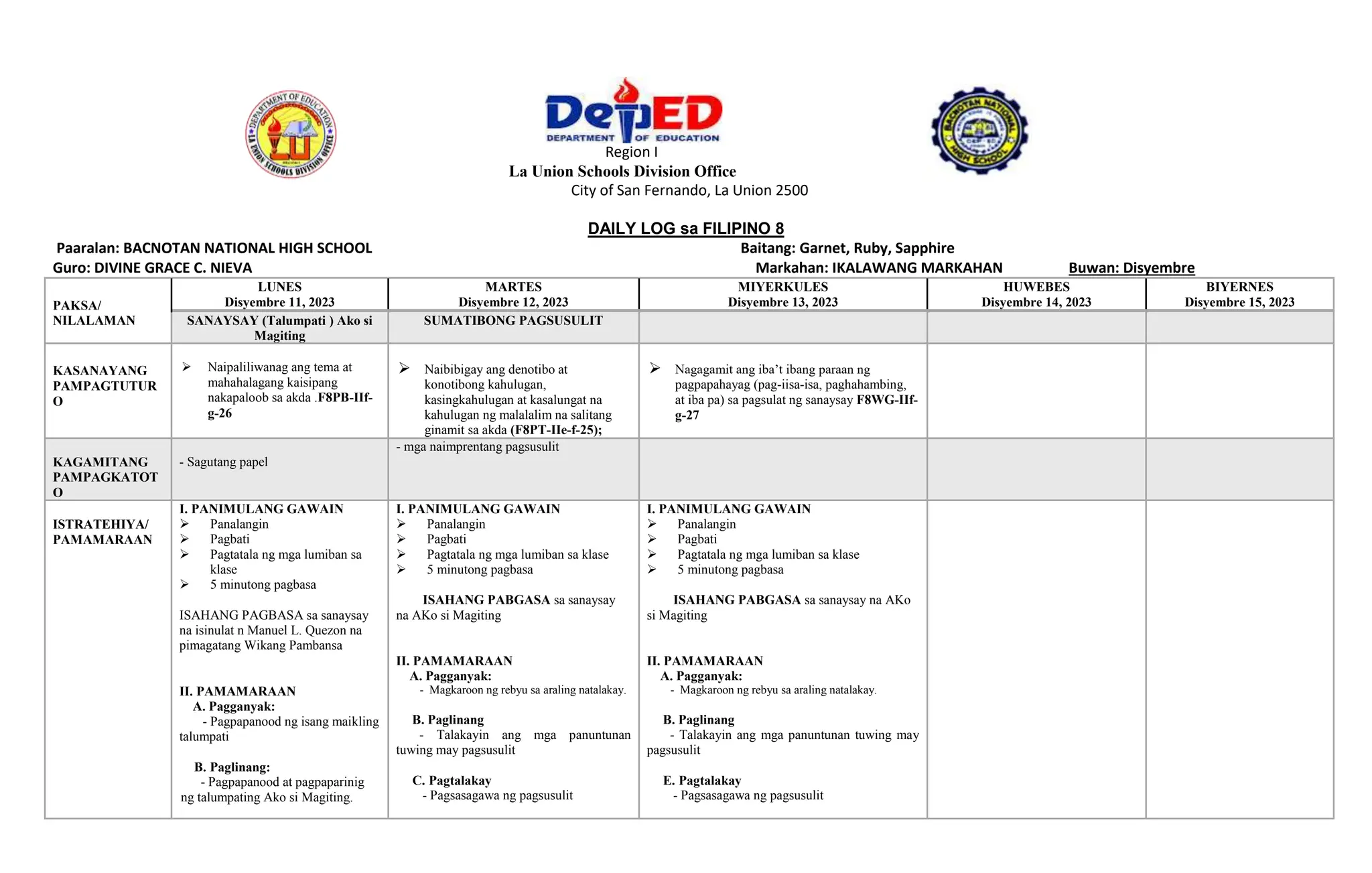 daily lesson log disyembre 11-16, 2023 - | DOCX