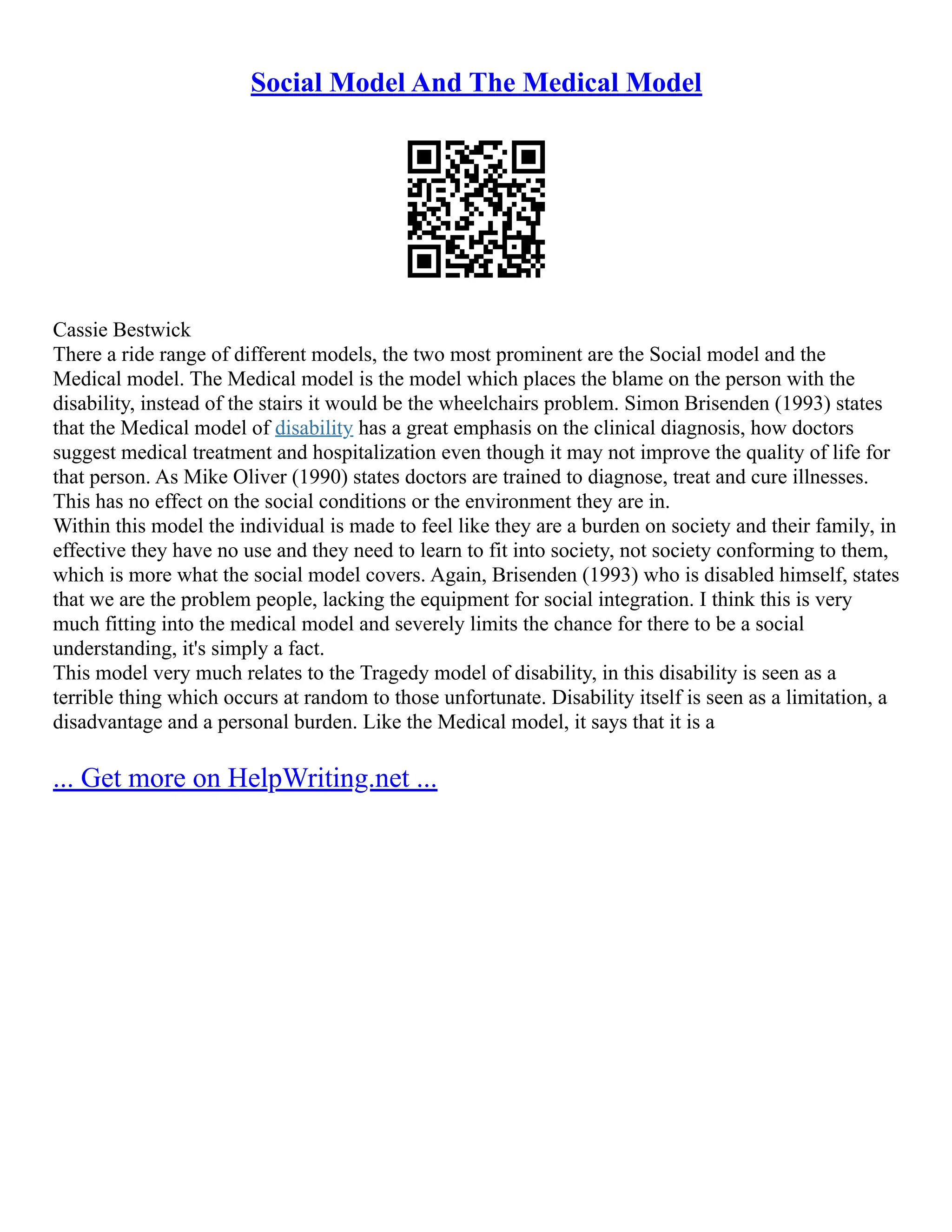 Disability Medical Model And Social Model | PDF