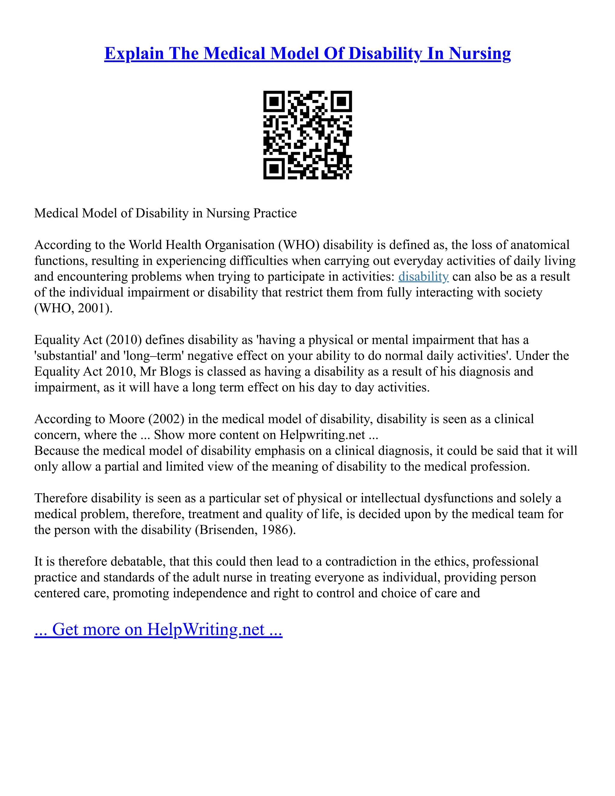 Disability Medical Model And Social Model | PDF