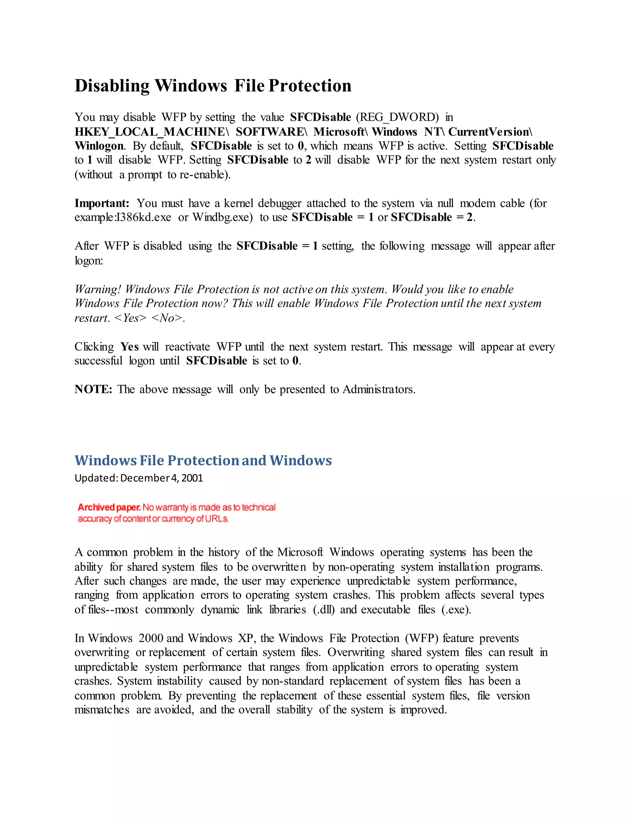 Disabling windows file protection | PDF